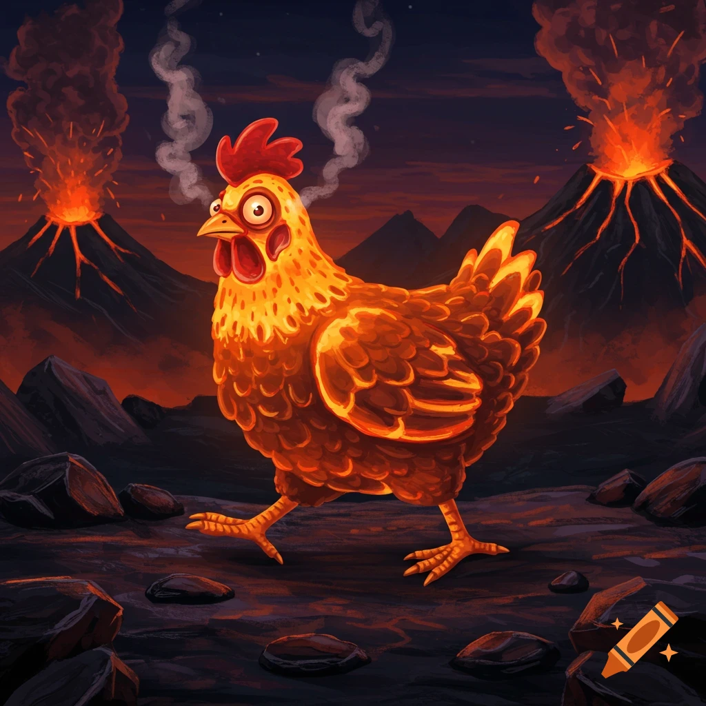 Stylized lava chicken poses dramatically in a volcanic landscape. on ...