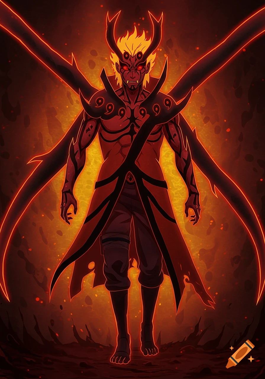 Oni character in dark red and black clothes with gold cape and long ...