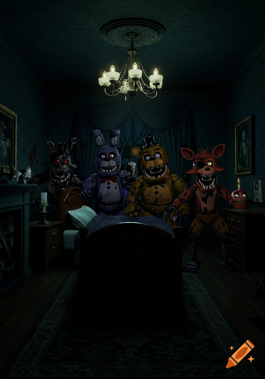 Five Nights at Freddy's characters Freddy, Bonnie, Chica, and Foxy with a gift. on Craiyon