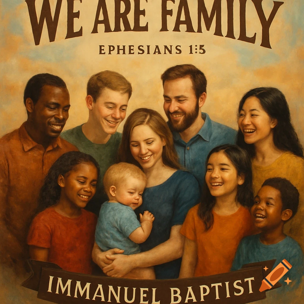 A diverse family portrait with the text 'We Are Family Ephesians 1:5 ...