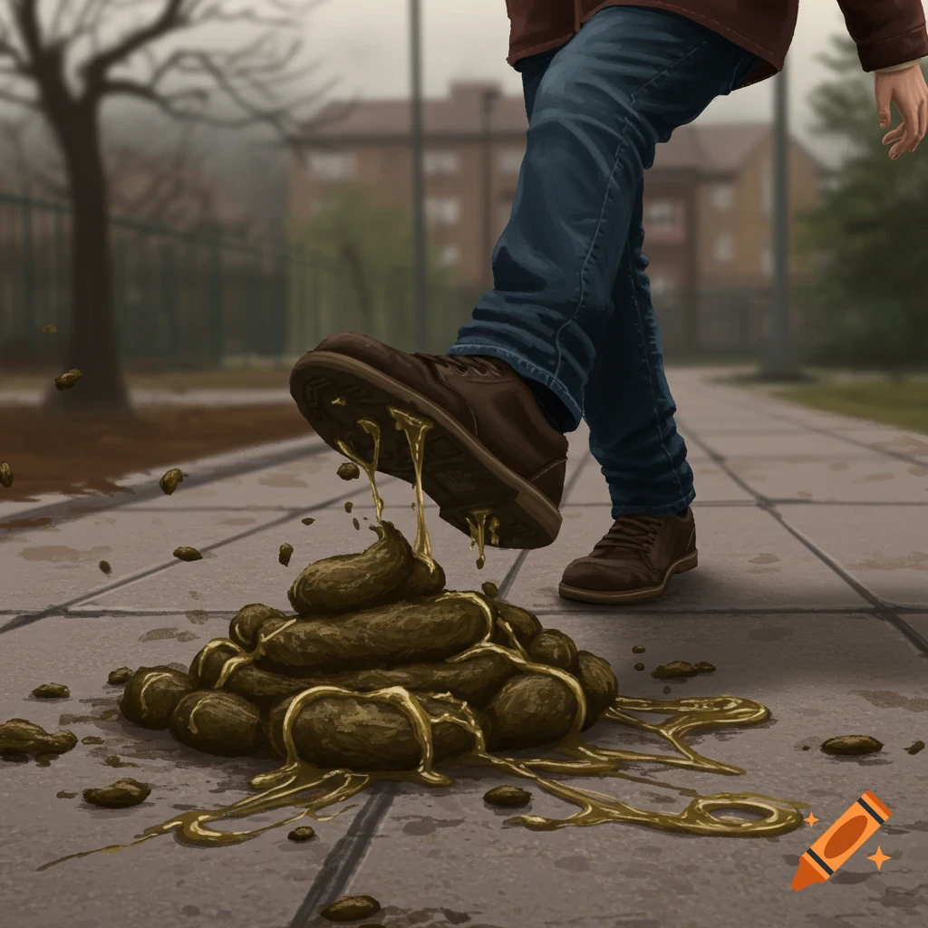 A person steps in a pile of dog poop on a sidewalk. on Craiyon
