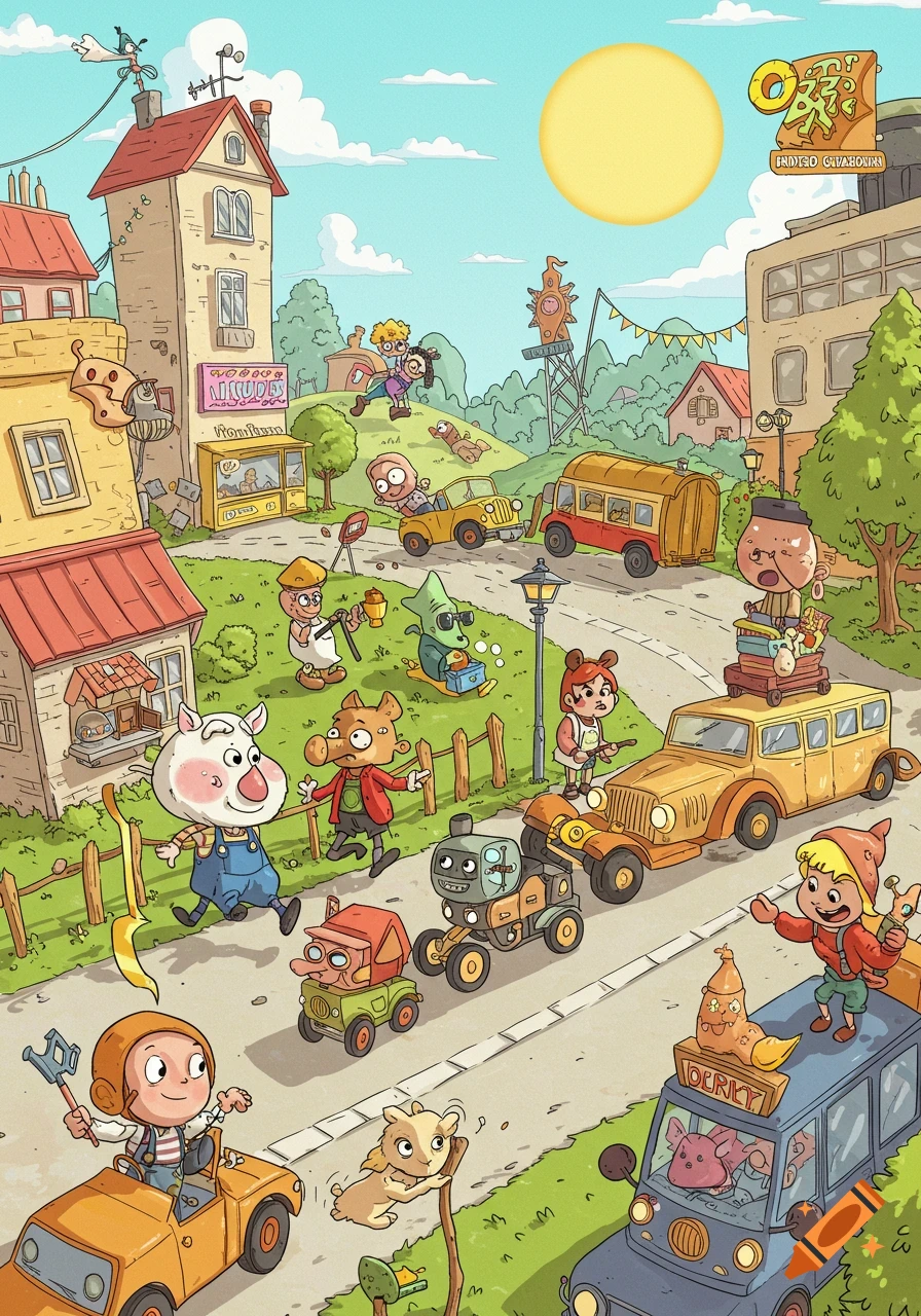 Vibrant cartoon illustration of a town street scene with various ...