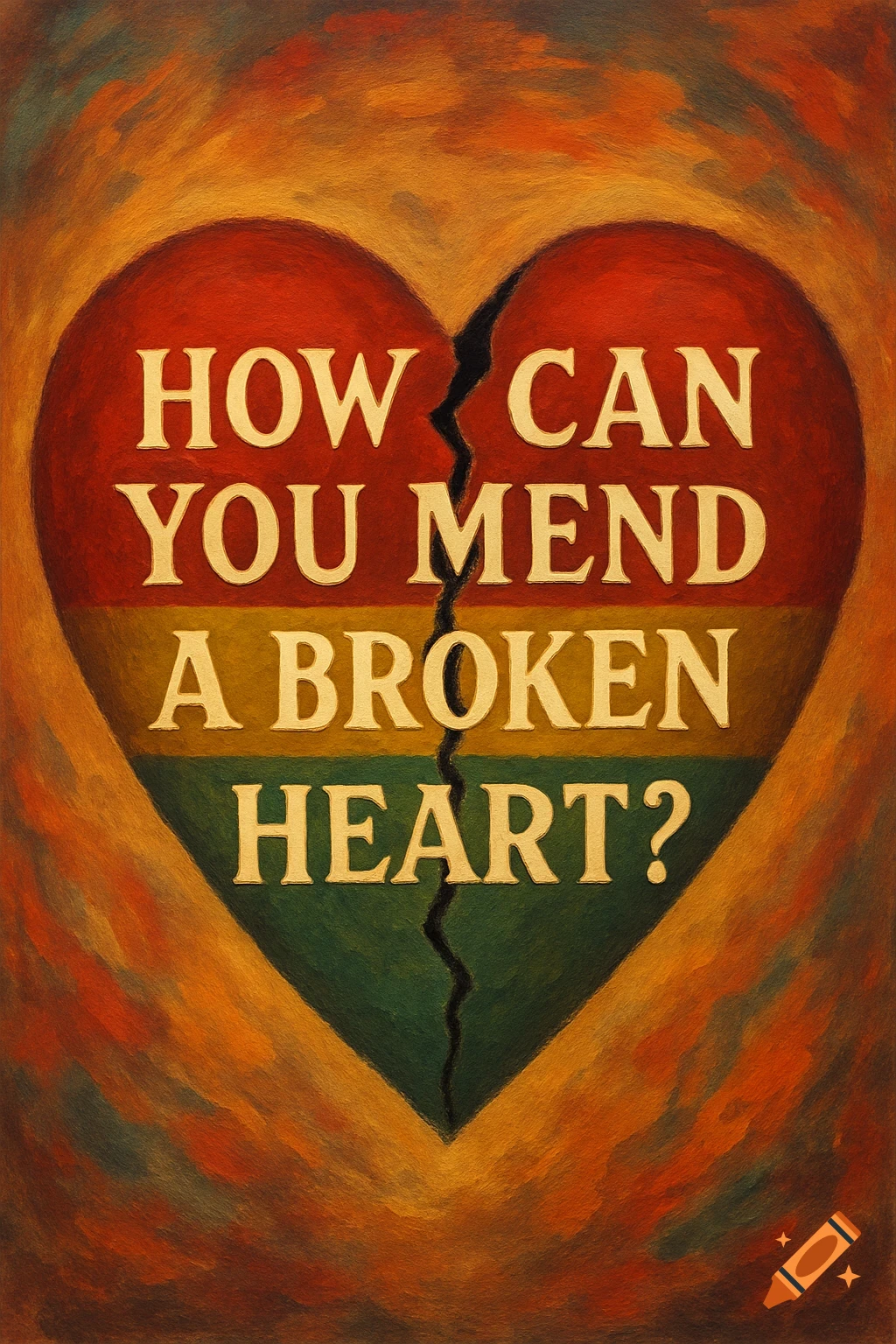 Red, gold, and green broken heart with text "how can you mend a broken ...