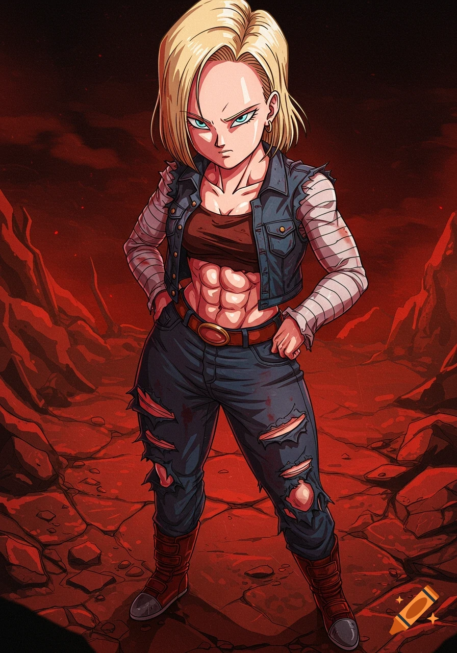 Android 18 with torn clothes on Craiyon