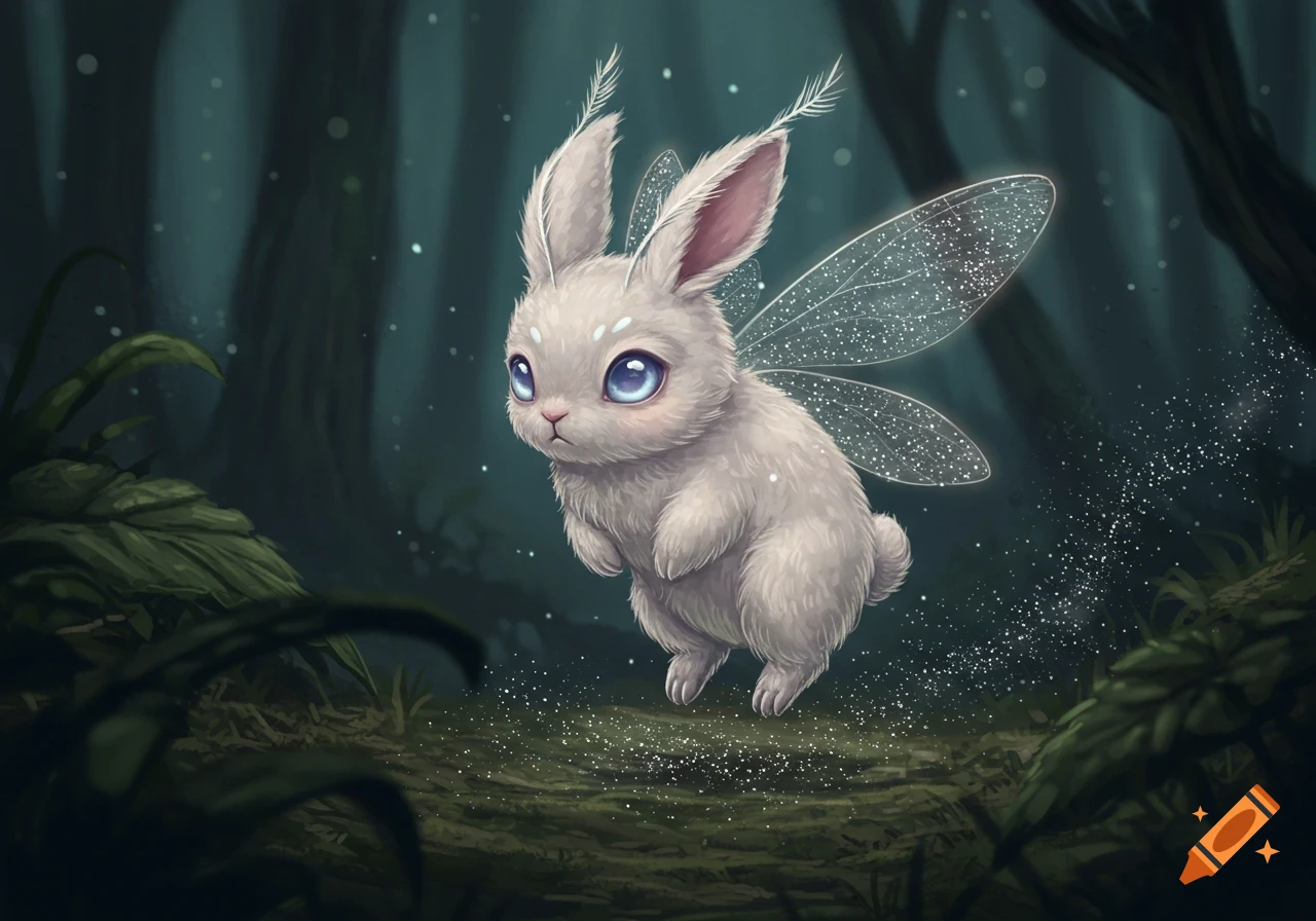 Small, rabbit-sized creature with gray fur, lavender-blue eyes, silver ...