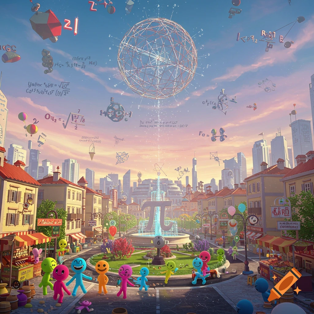 A cartoon city square with colorful characters, a Pi fountain ...