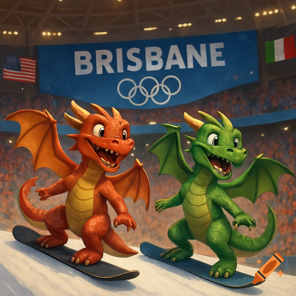 Dragons snowboarding at the Olympics in Brisbane on Craiyon
