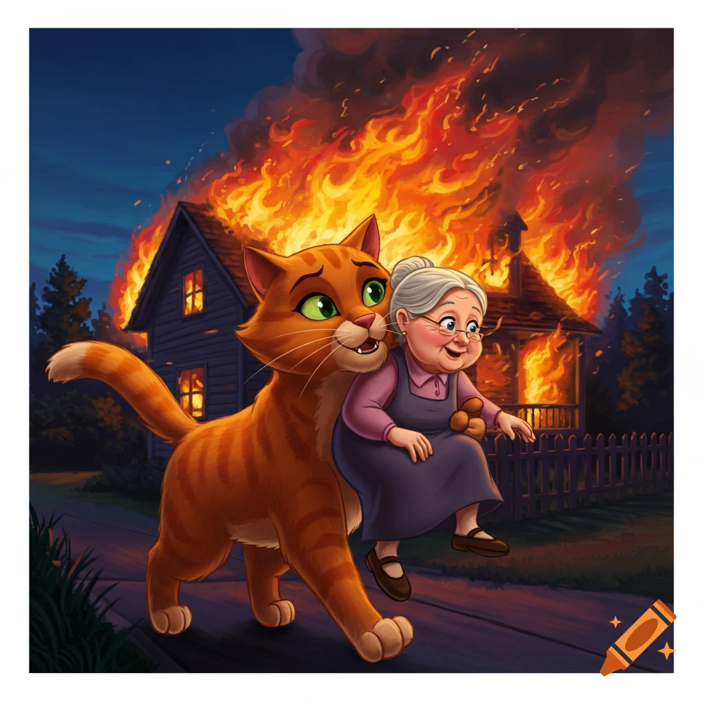 Cat saving grandma from burning home, Disney style drawing on Craiyon