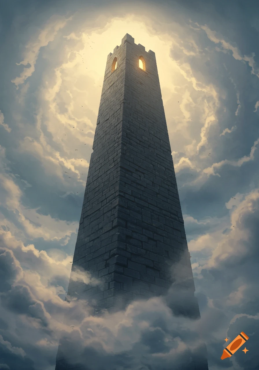 Stone tower disappearing into clouds on Craiyon