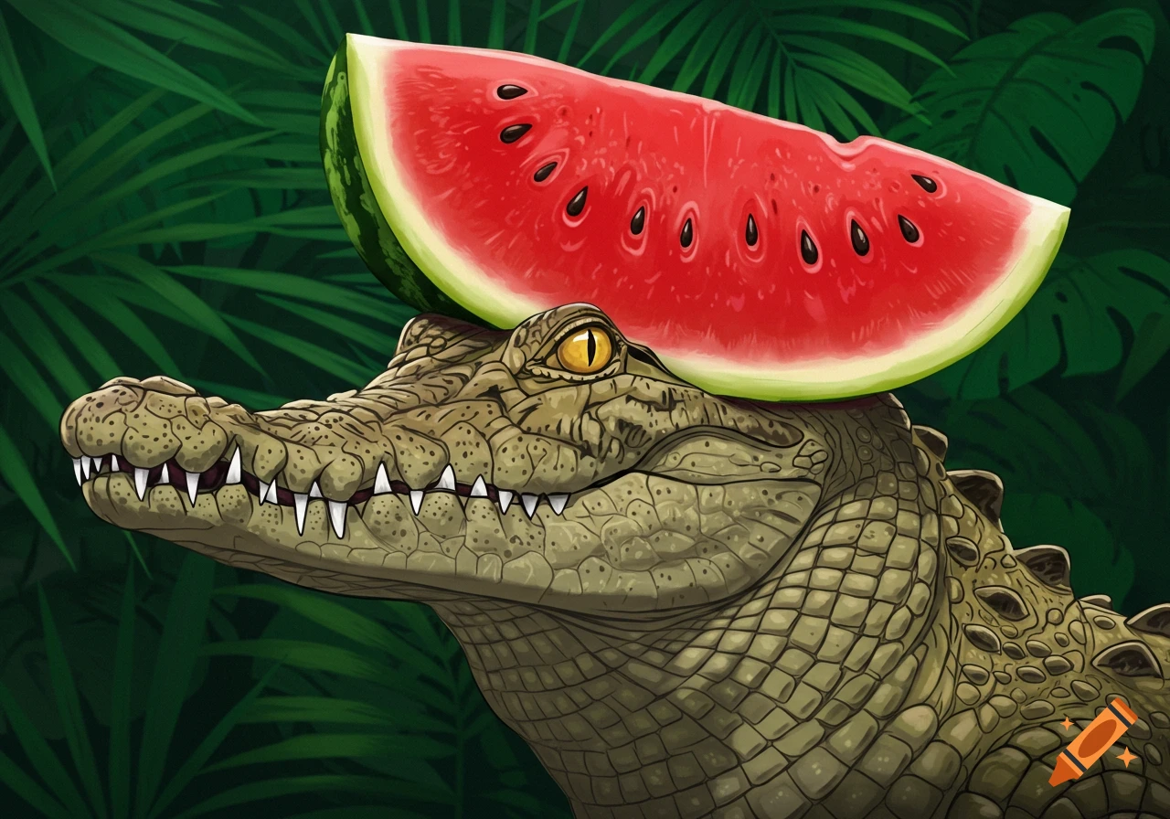 A crocodile balancing a slice of watermelon on its head in a jungle. on ...