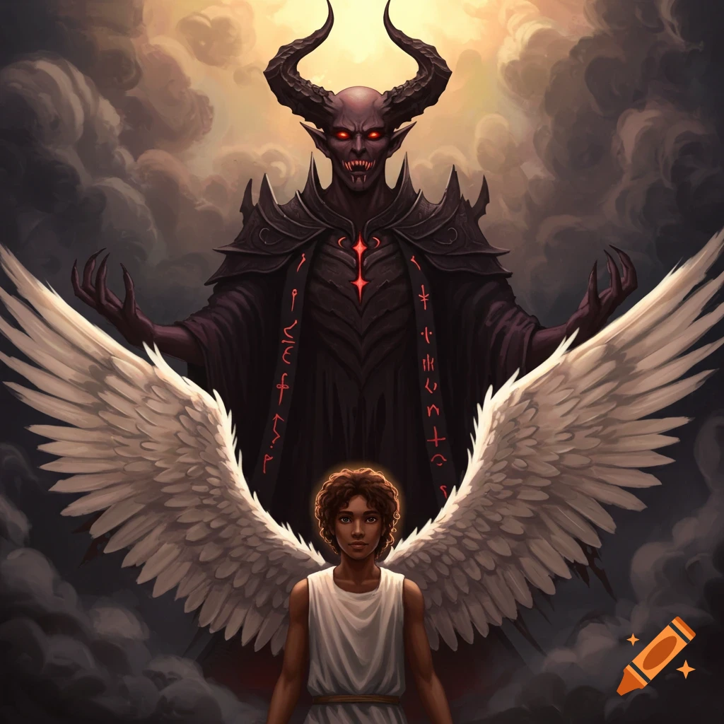 Point of view of African American angel and demon looking down on Craiyon