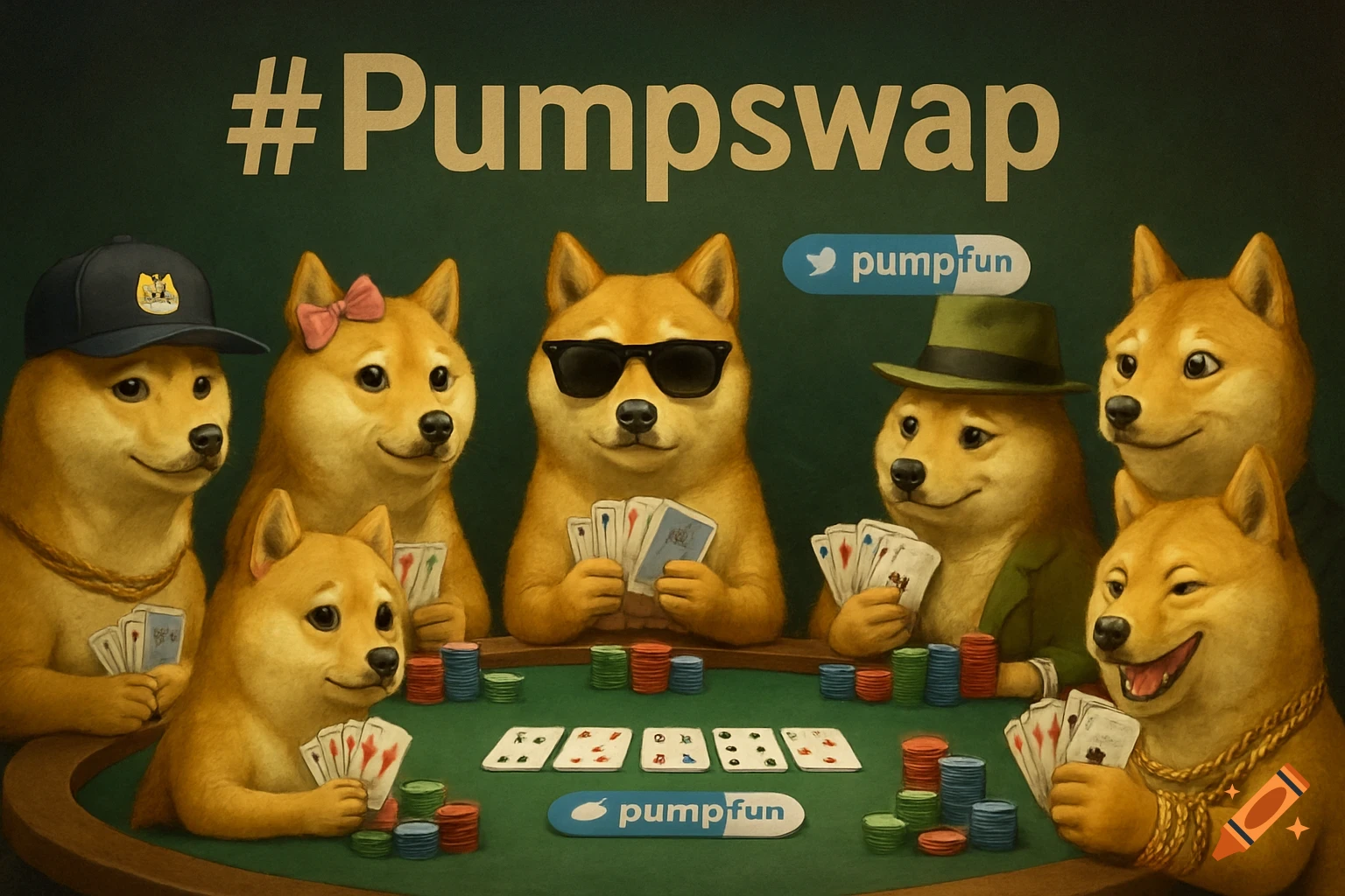 Doge dogs playing poker with #Pumpswap and #pumpfun pill on Craiyon