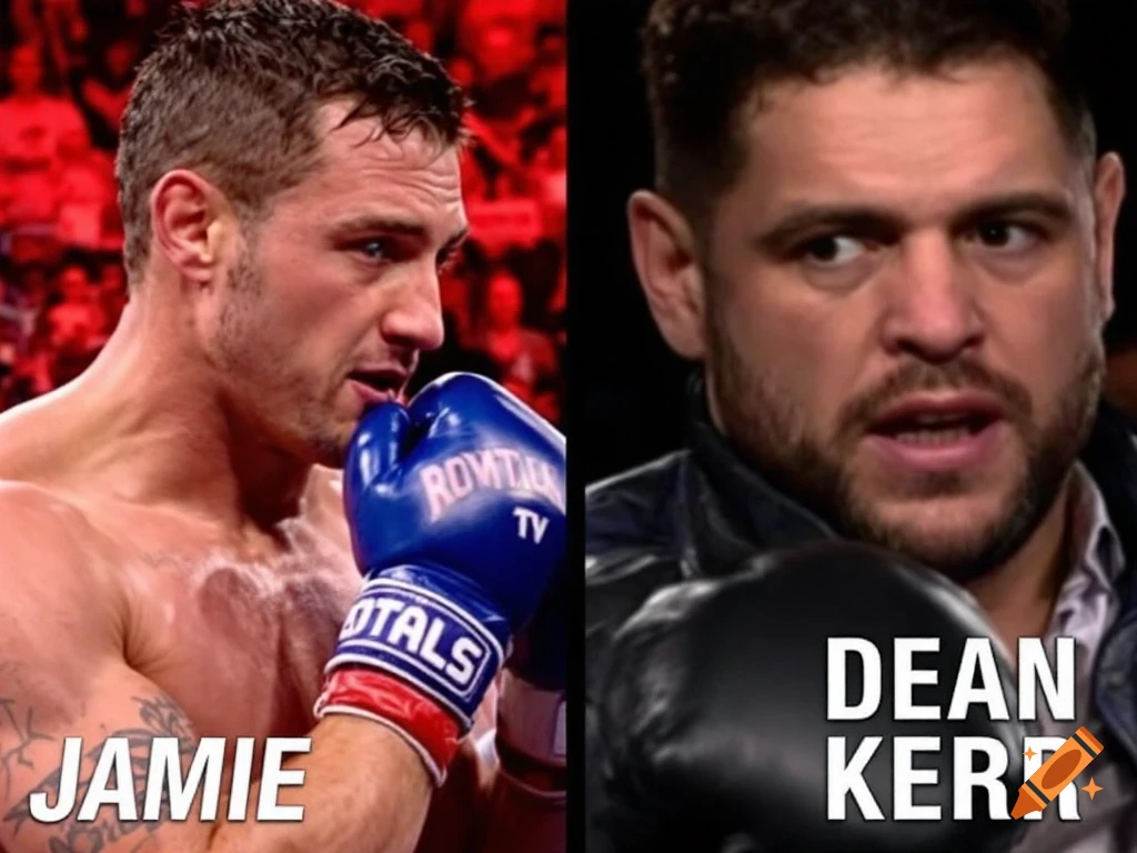 A split image shows two boxers labeled JAMIE and DEAN KERR. on Craiyon