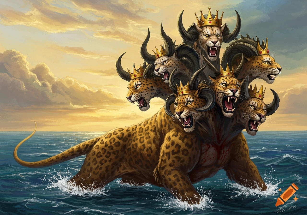 Beast with 10 horns and seven heads, leopard body, bear feet, and lion ...