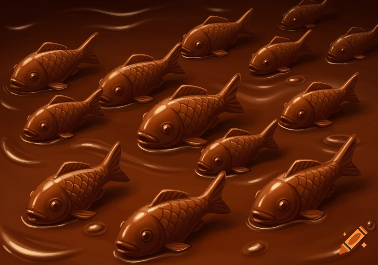Many chocolate fish partially submerged in liquid chocolate. on Craiyon