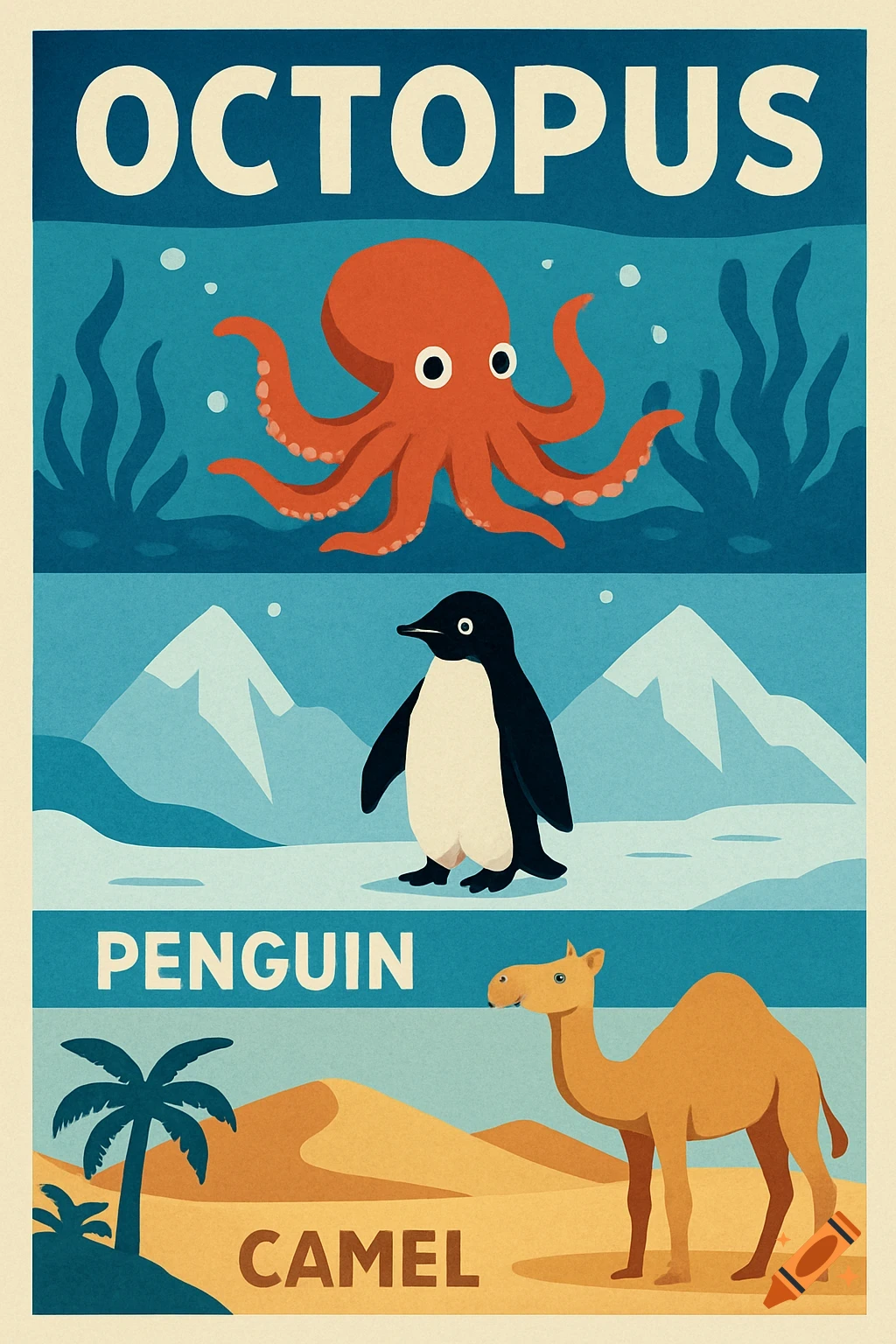Illustrated poster of an octopus underwater, a penguin on ice, and a ...