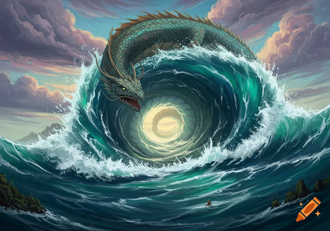 A massive sea monster rises from a giant swirling ocean wave, with a ...