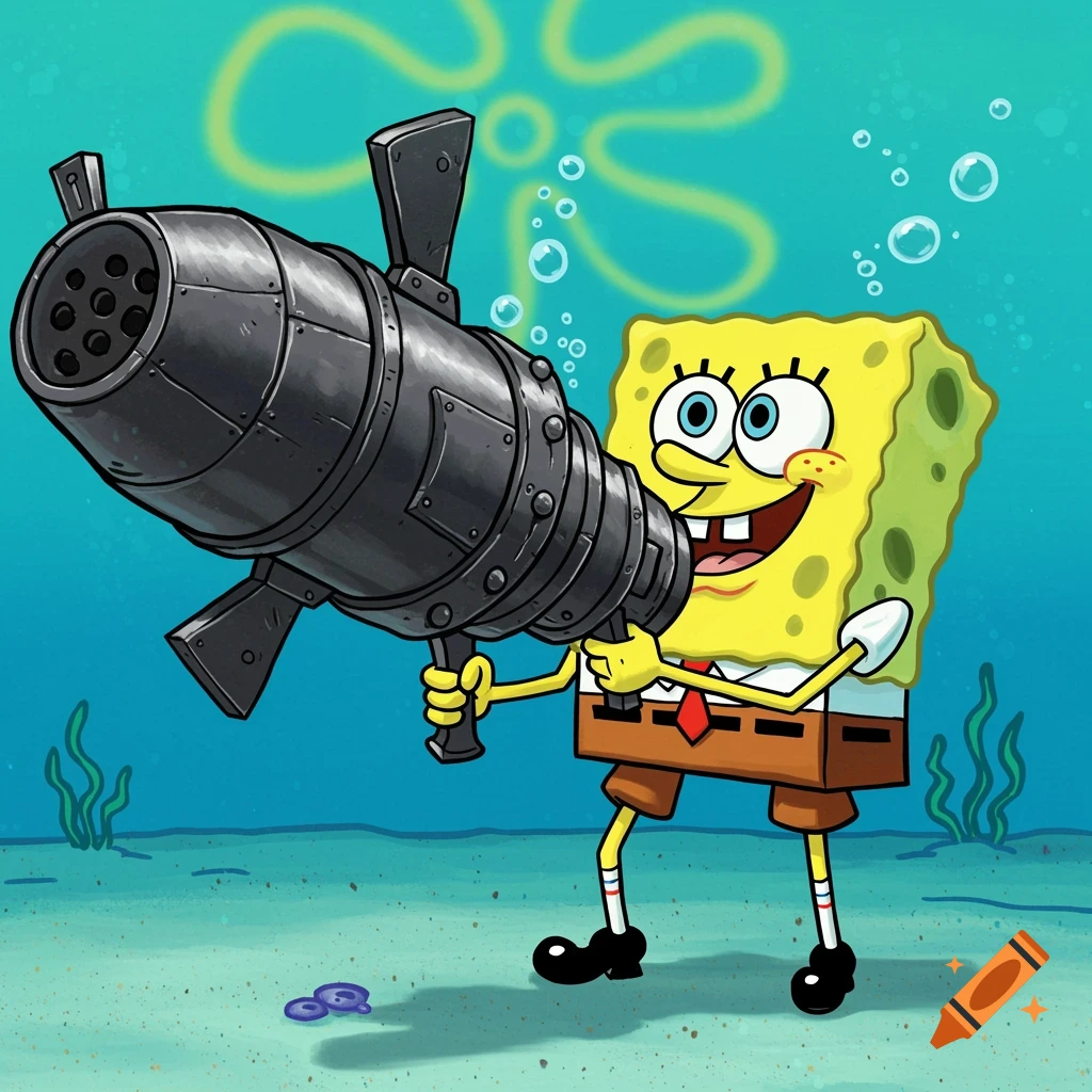 SpongeBob SquarePants pilots a large yellow mech underwater. on Craiyon