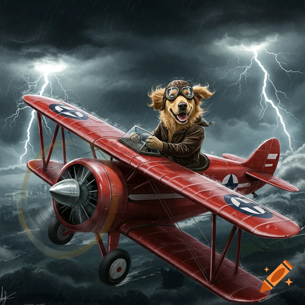 Cartoon biplane with a face, flying in a blue sky with clouds and a ...