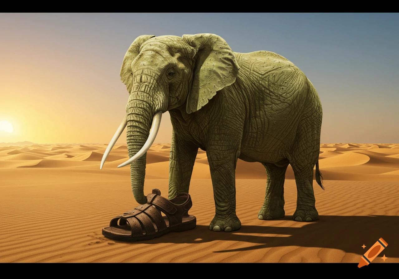 Elephant with cactus skin and a giant sandal in the desert on Craiyon