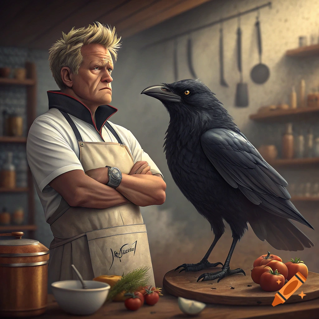 Gordon Ramsay looking at a plate of sushi rolls in a kitchen. on Craiyon