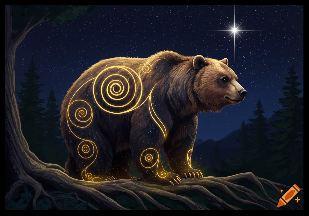Kermode bear with golden Fibonacci spiral and starlight fur, Polaris ...