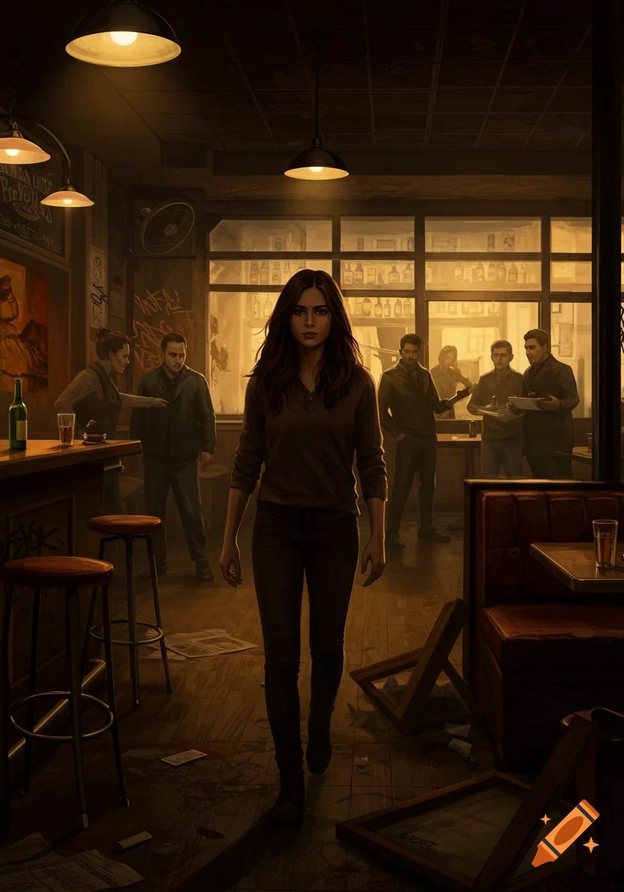 Girl leaving a bar or restaurant in a hostile work environment, head ...