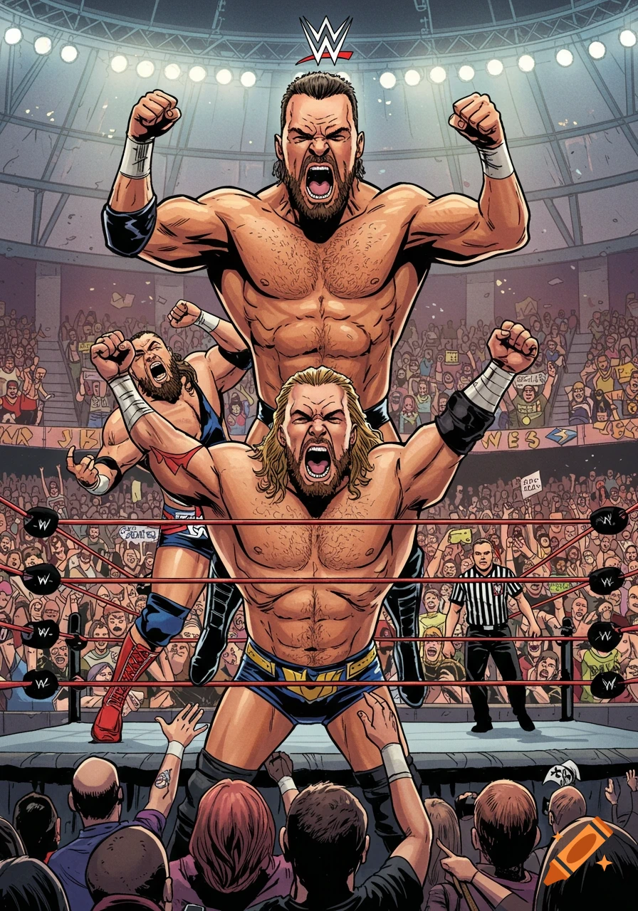 Comic book style illustration of muscular wrestlers flexing in a ...