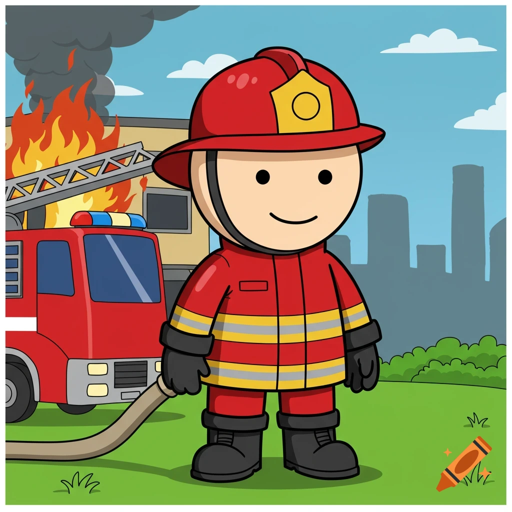 A cartoon illustration of a firefighter standing in front of a fire ...