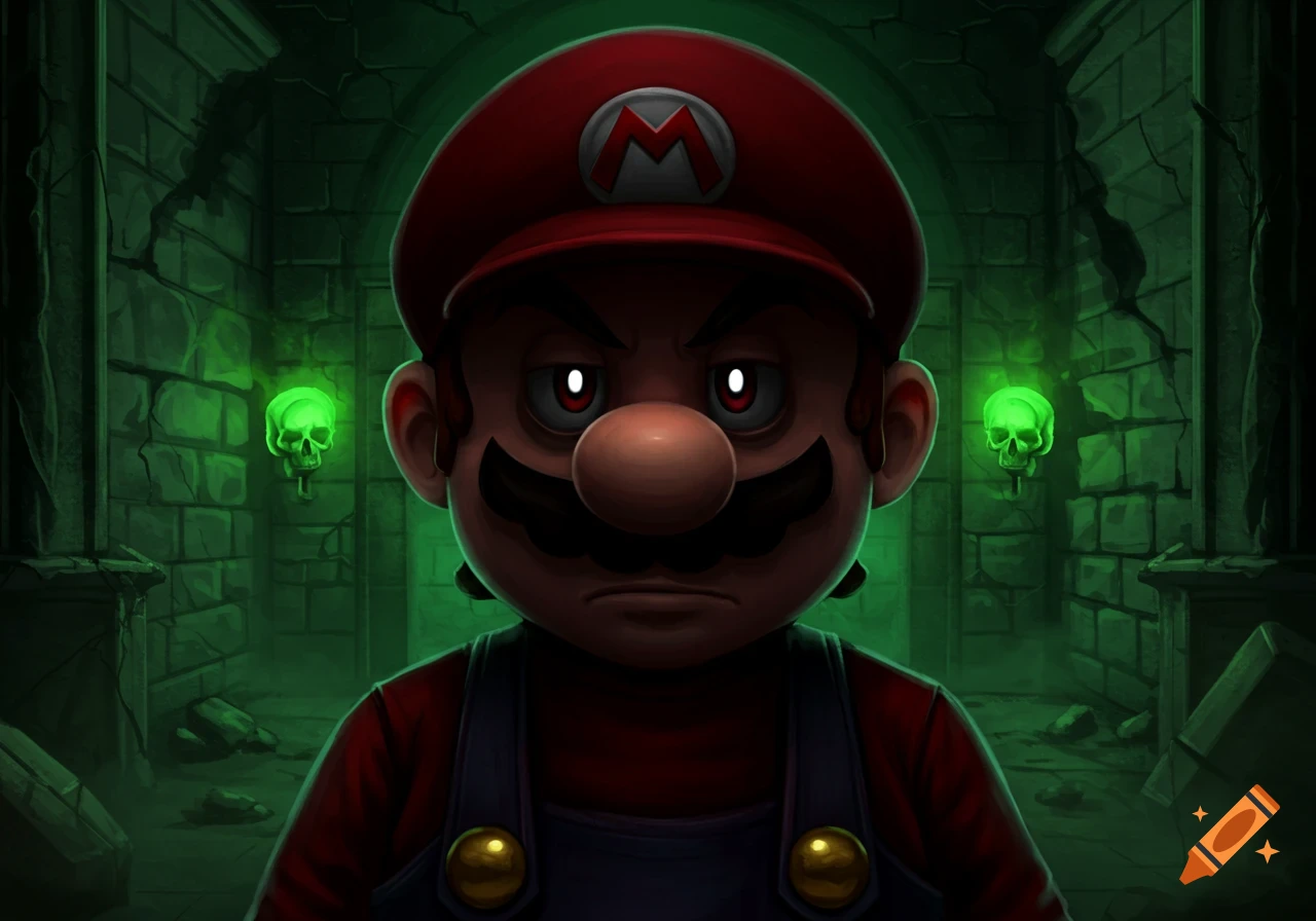 A horrifying, zombie-like Mario with glowing red eyes and a monstrous ...