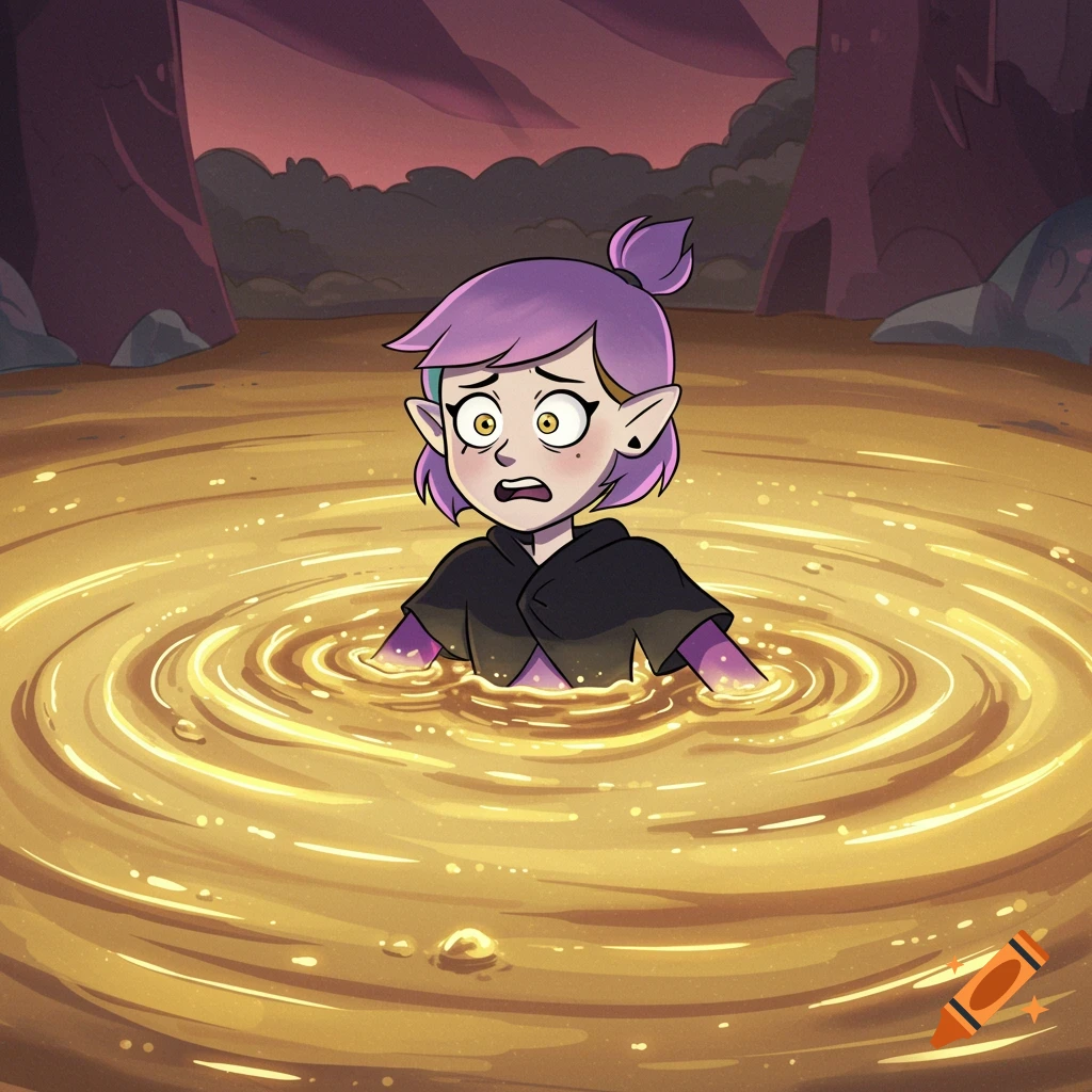 Anime character Amity Blight sinking chest-deep in golden liquid ...