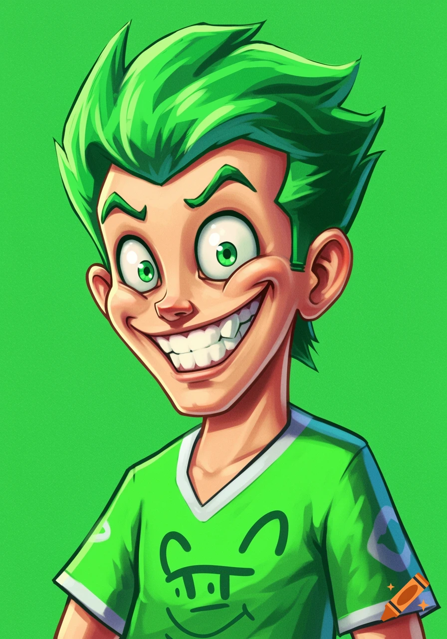 Cartoon portrait of a character with green hair and a wide grin ...