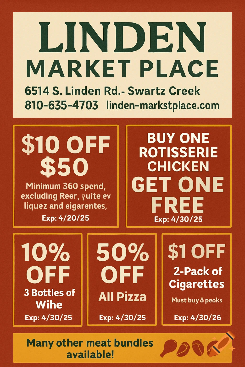 Linden Market Place mailer design with coupons and meat bundle offers ...
