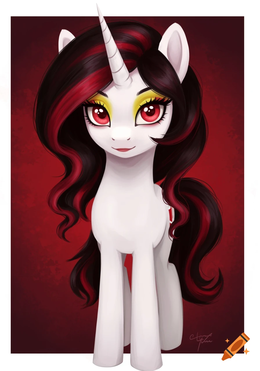 White My Little Pony unicorn with black and red hair, red eyes, and ...