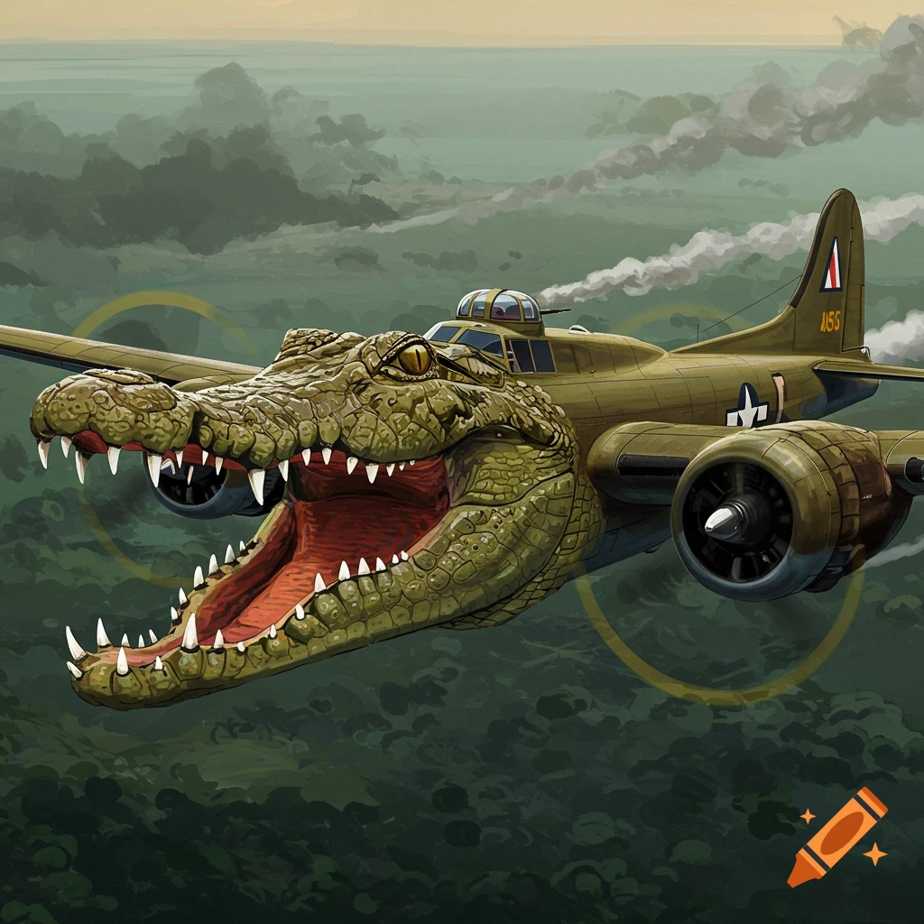 Cartoon illustration of a crocodile head merged with a biplane flying ...
