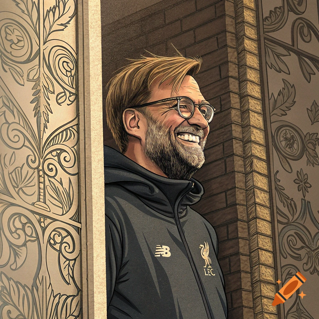 An illustration of Jurgen Klopp smiling, wearing a dark hoodie with ...