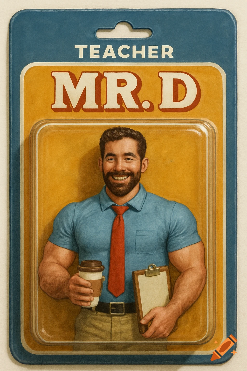 Action figure in package resembling a teacher with coffee cup and ...