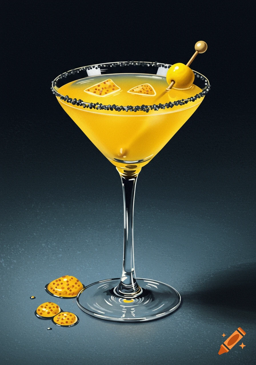 A yellow martini cocktail with garnishes sits on a dark background. on ...