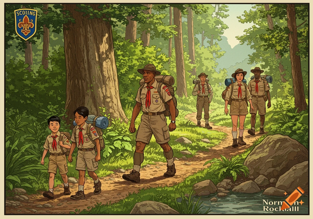 A vintage illustration of a diverse group of scouts hiking a forest ...