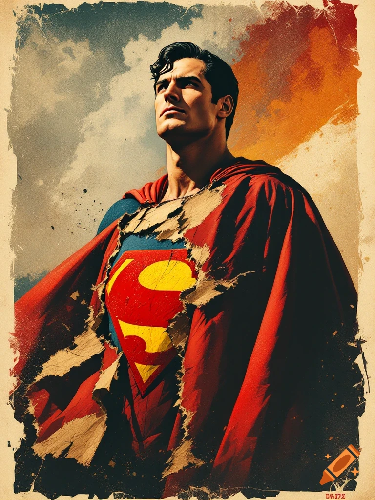 WW2 style propaganda poster of Superman's torn cape on Craiyon