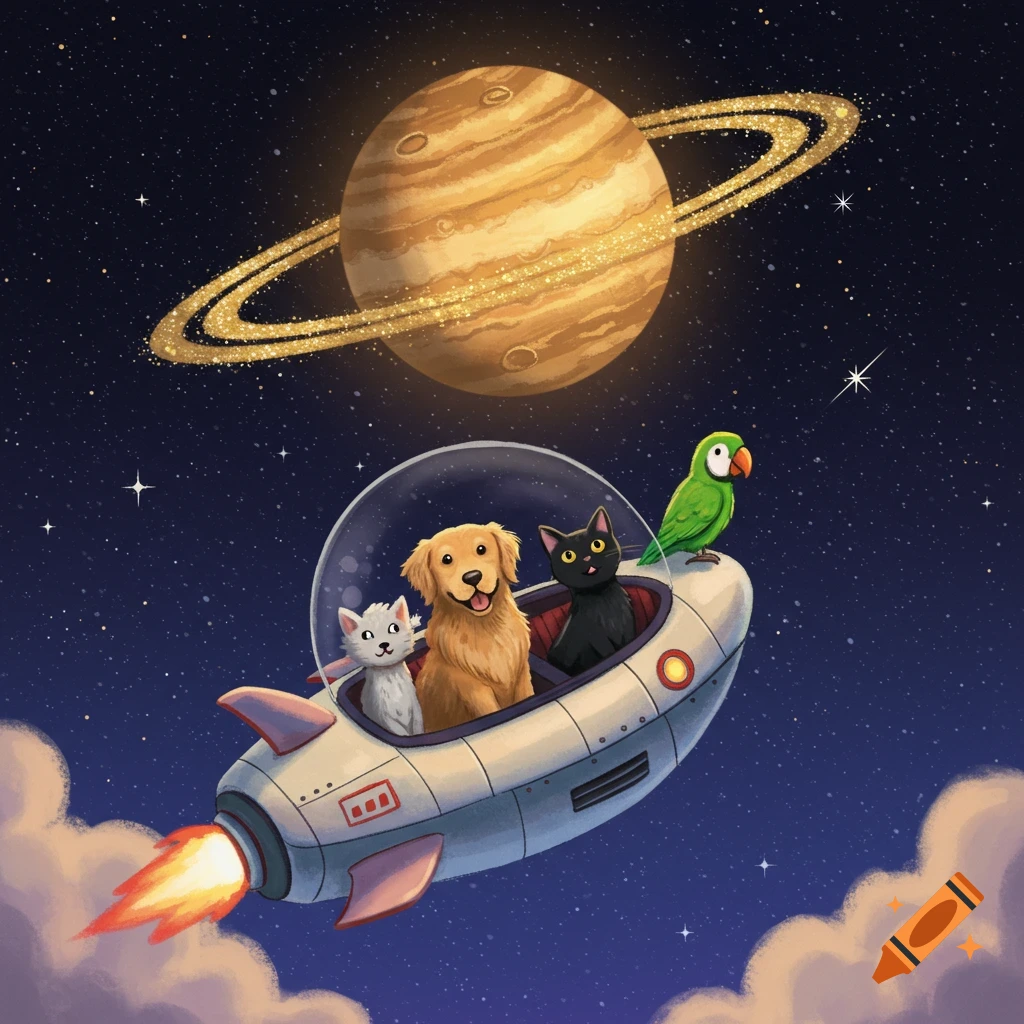 Dog, cat, and parrot on a space mission to a gold planet with a ring on ...
