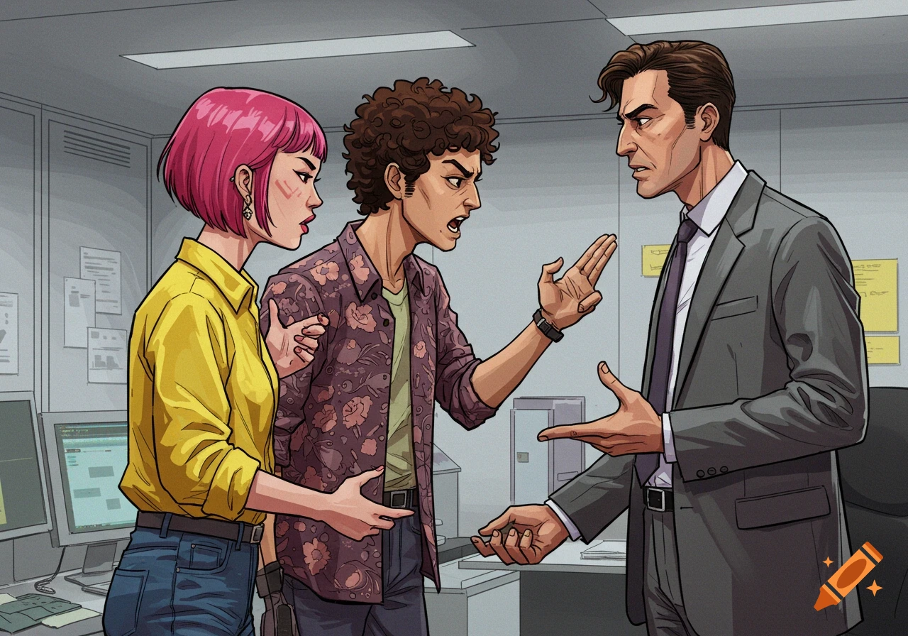 Illustration of three people arguing in an office, one with pink hair ...