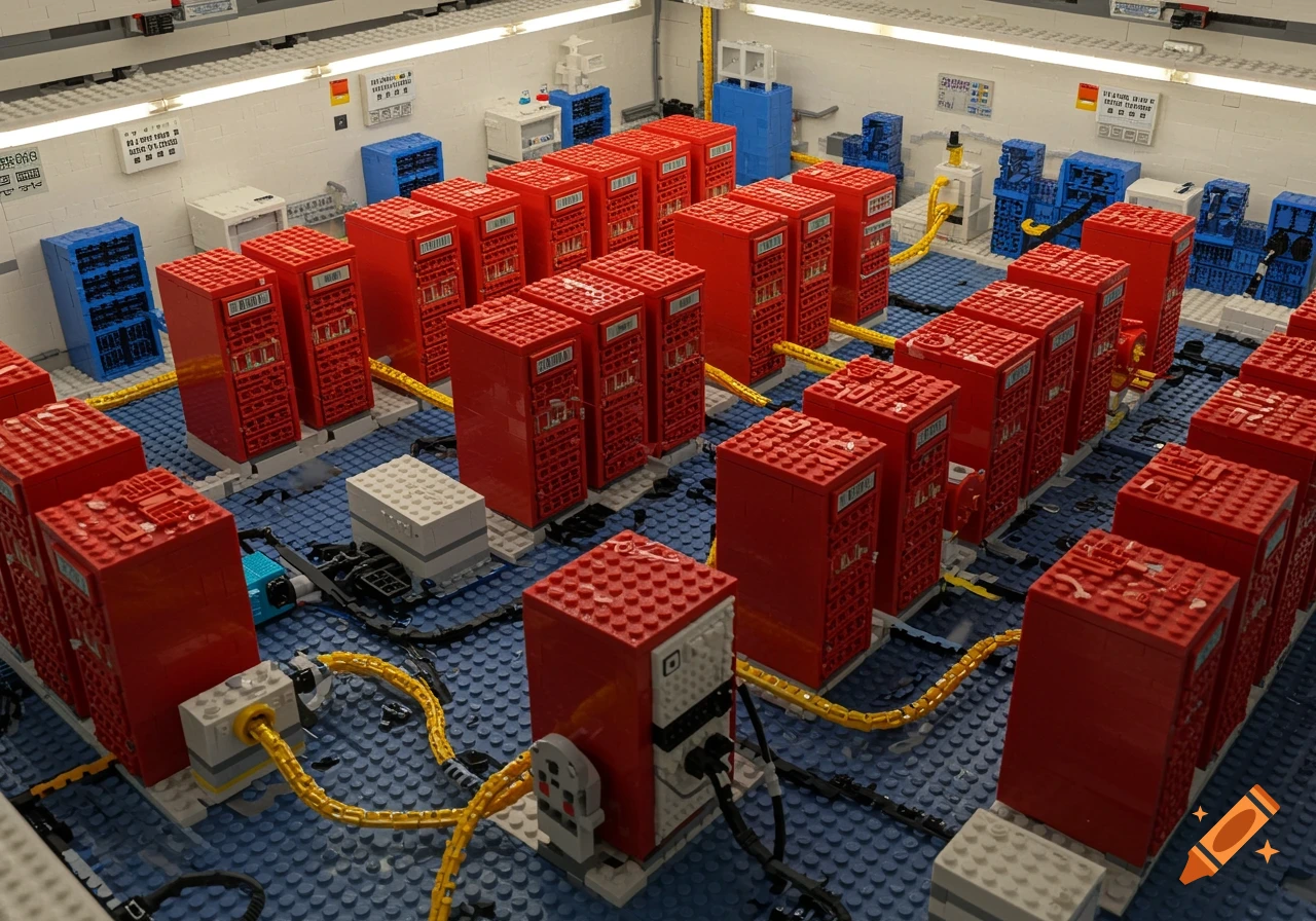 A detailed photo of a large data center constructed entirely from red ...