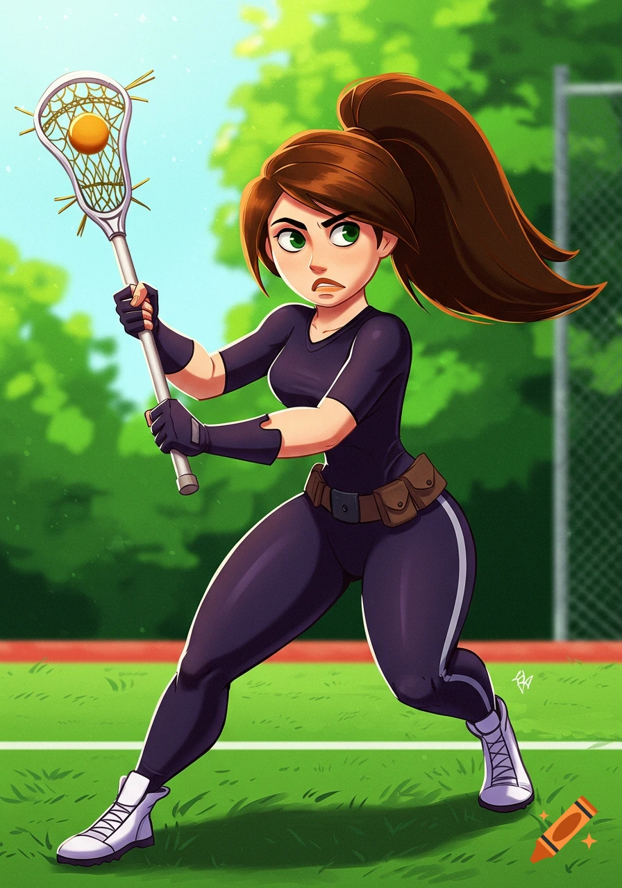 Kim Possible playing lacrosse in purple suit, cartoon style anime ...