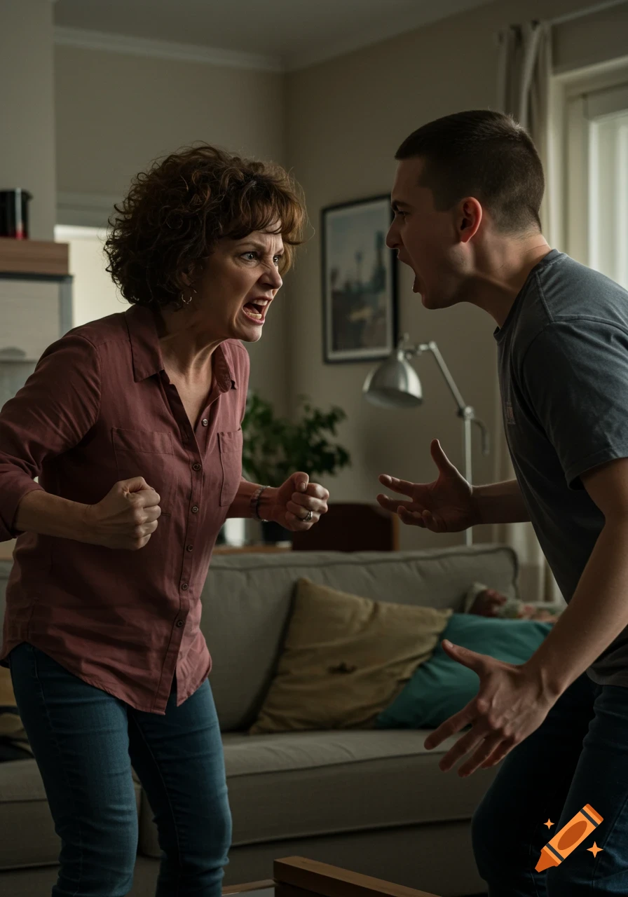 Two people arguing angrily in a living room on Craiyon