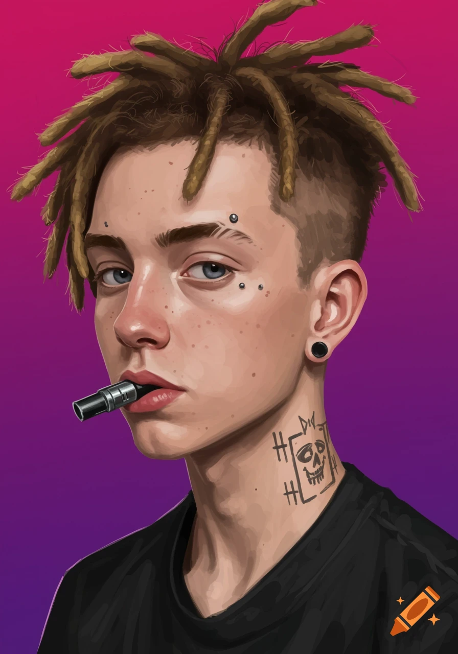 Teen boy with dreadlocks, earring, face tattoo vaping on Craiyon