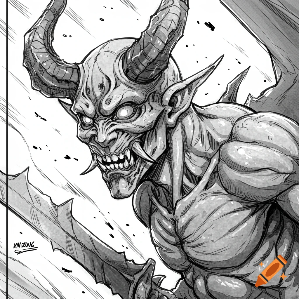 Greyscale manga sketch of demon gritting on Craiyon