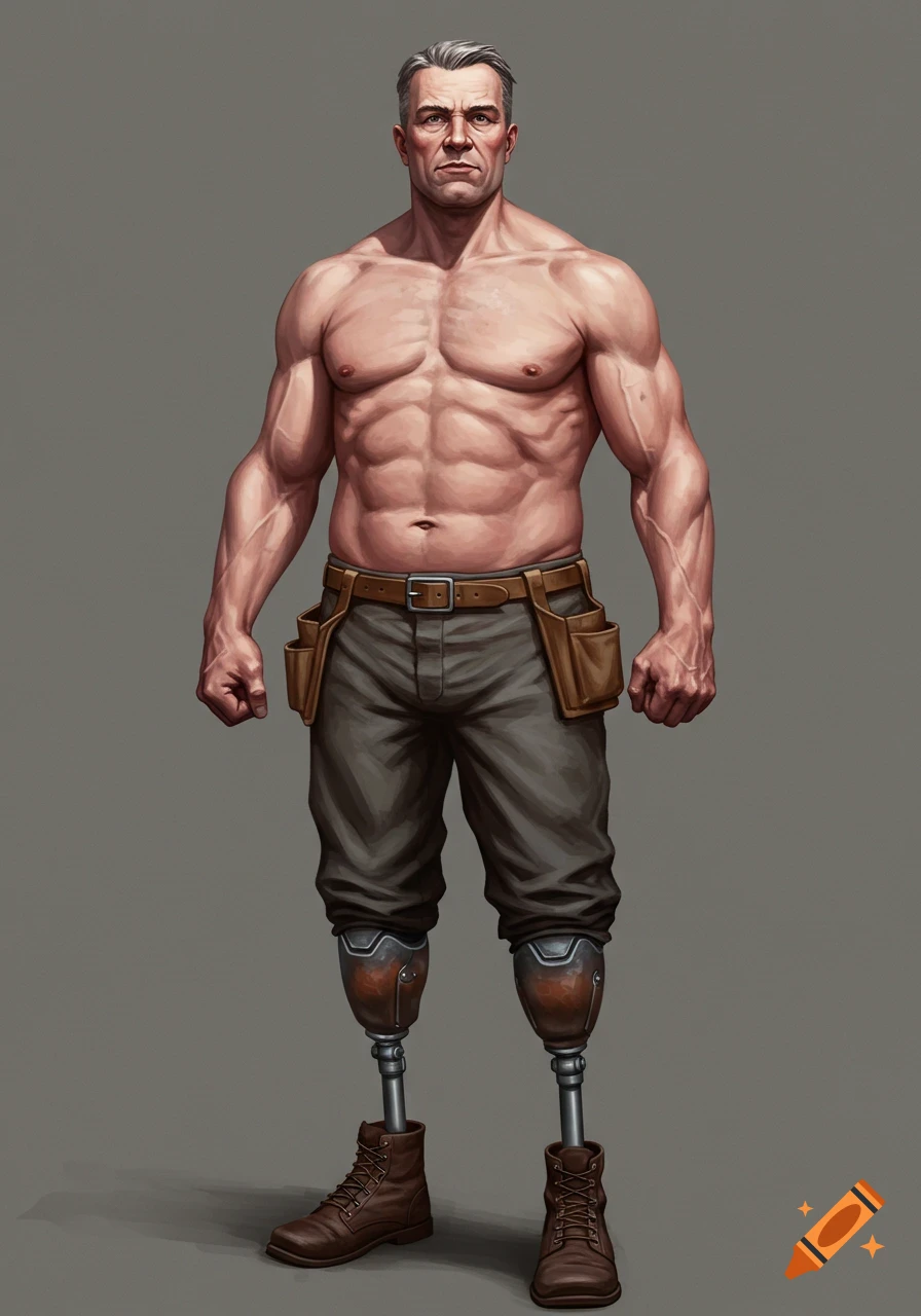 3D model of a muscular young man with prosthetic legs on Craiyon