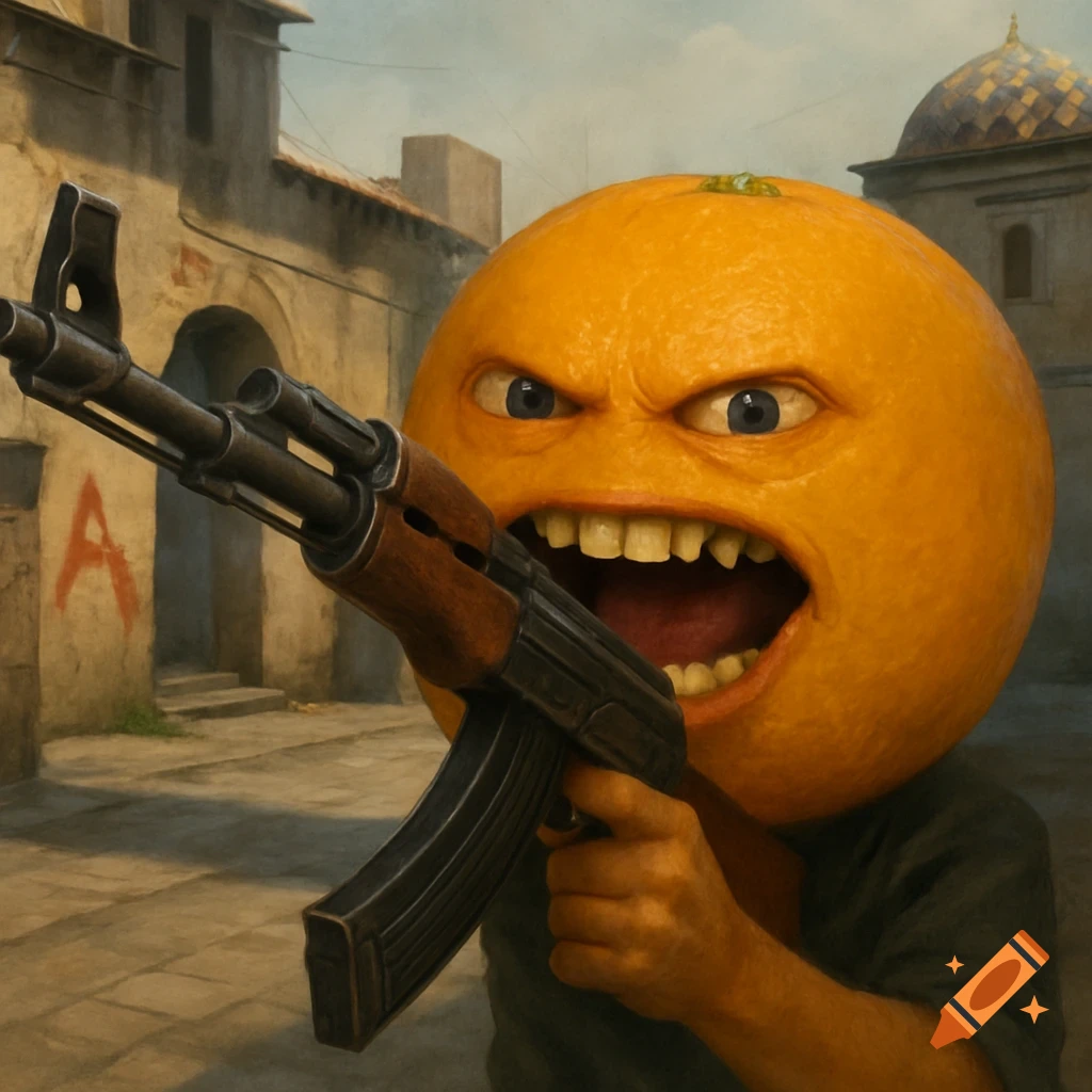 Annoying Orange character holds an AK-47 rifle in a combat zone. on Craiyon
