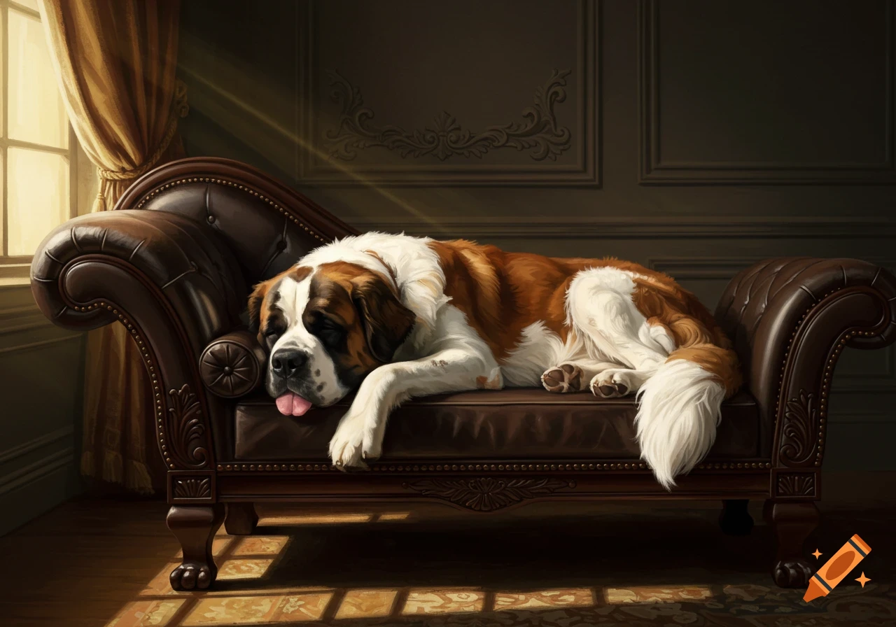 A brindle dog lies on a rug in an ornate room, surrounded by speckled ...